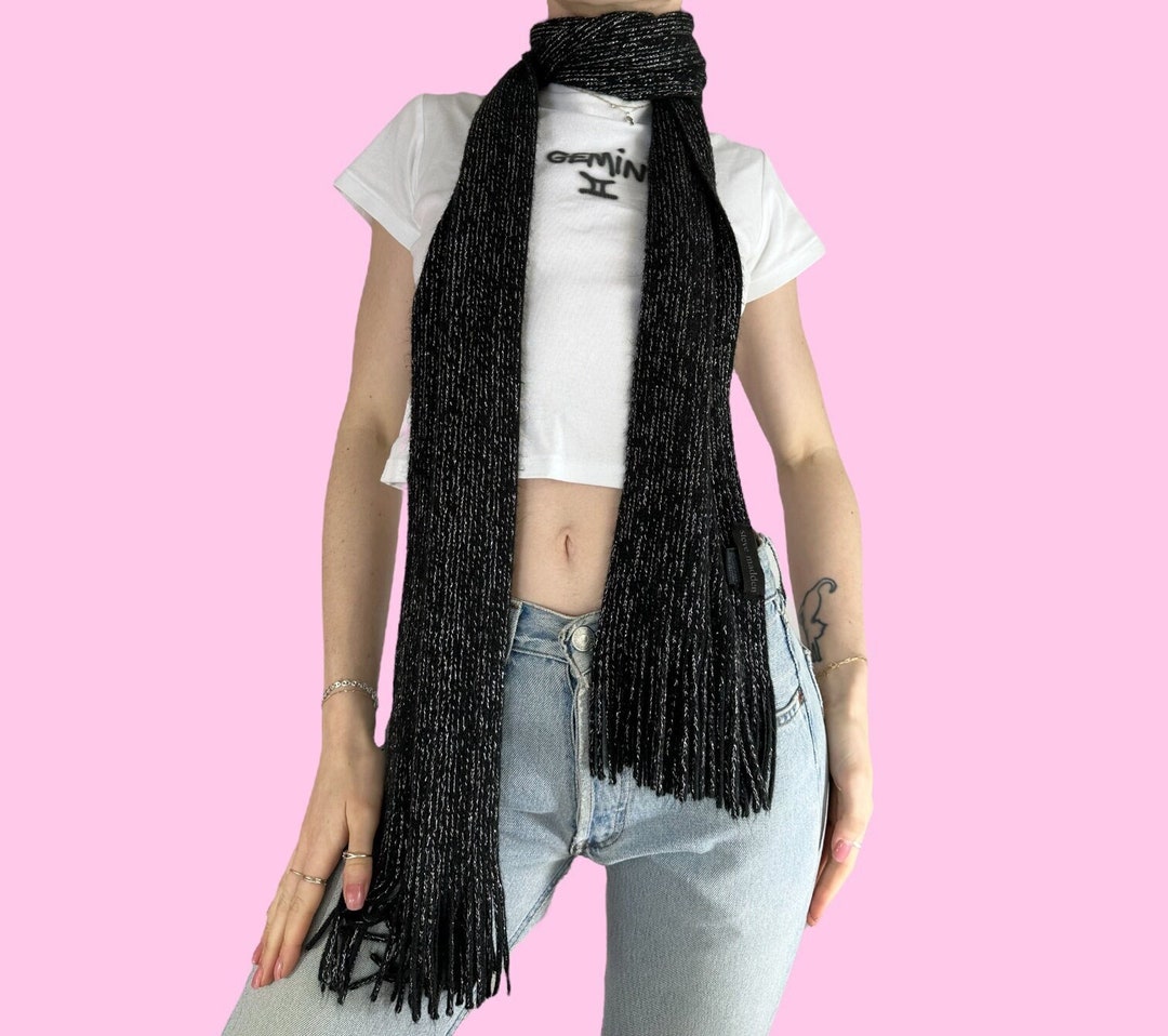 Y2K Black Silver Metallic Knit Scarf - Etsy