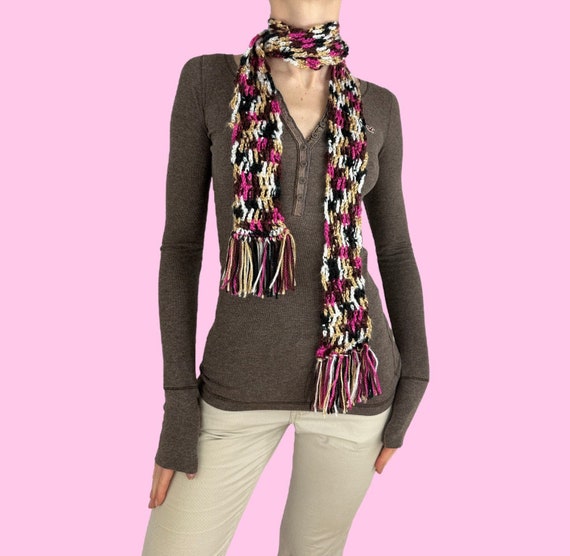 Y2K Pink Neutral Knit Ruffle Skinny Scarf - Gem