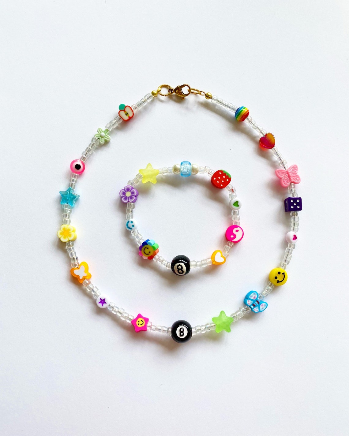Handmade Trendy Beaded Necklace: 8ball, Smiley Face, Rainbow With Clear ...