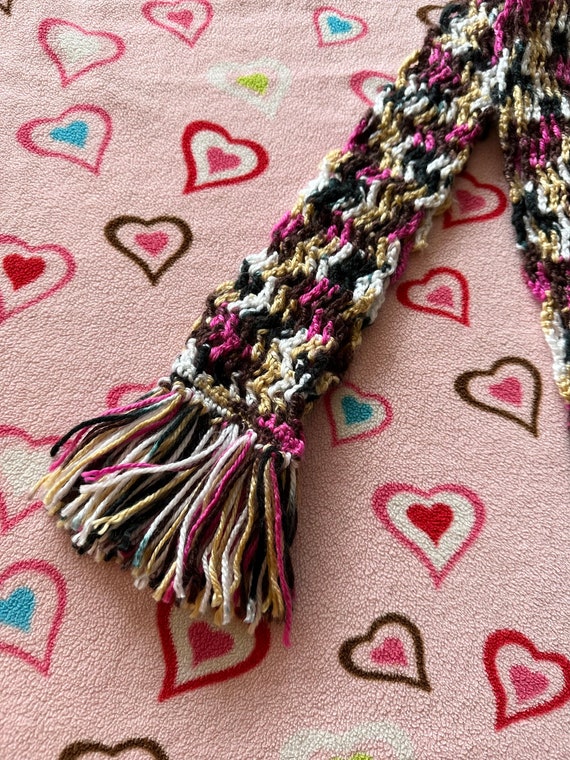 Y2K Pink Neutral Knit Ruffle Skinny Scarf - Gem