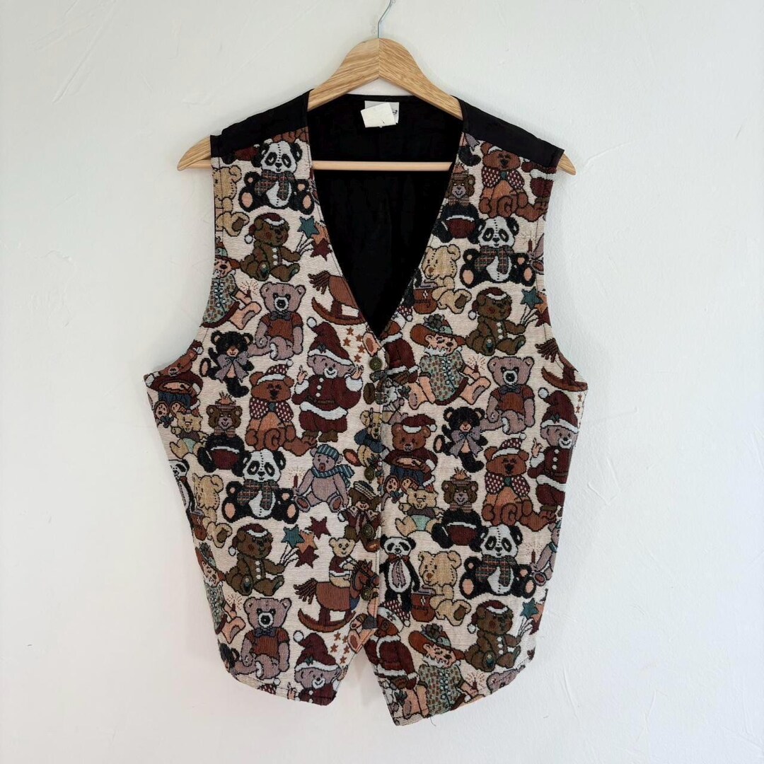 Vintage 90s Multicolor Teddy Bear Tapestry Novelty Button up Vest Size ...