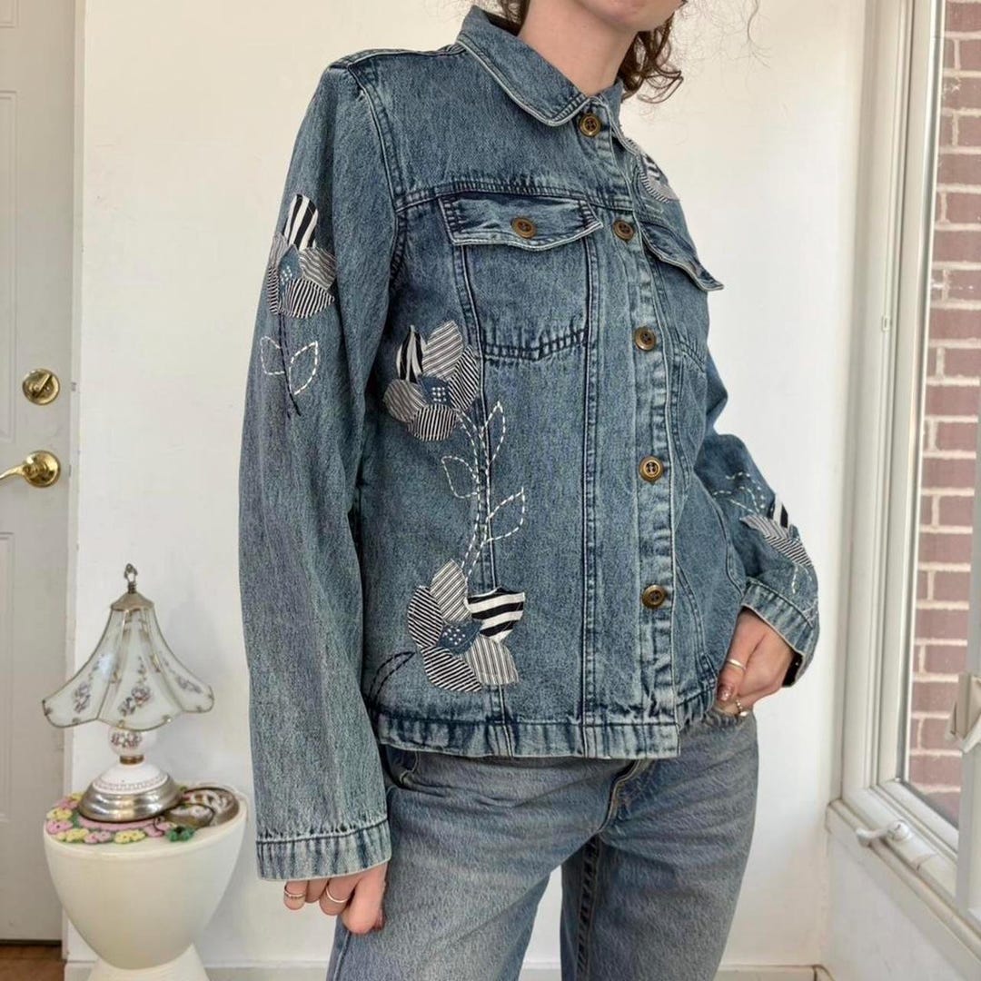 Vintage Denim Jacket With Floral Patchwork Appliqué by Choices Size ...