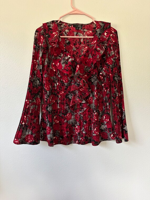 Y2K Red Rose Textured Ruffle Vampire Babydoll Blouse … - Gem