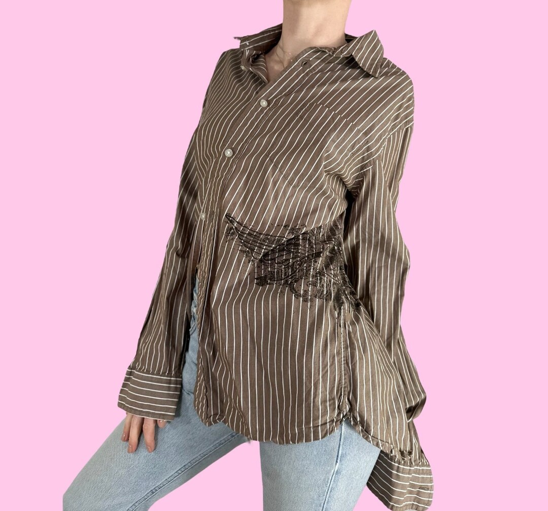Y2K Brown Angel Wings Striped Mall Goth Cybercore Dress Shirt Size ...
