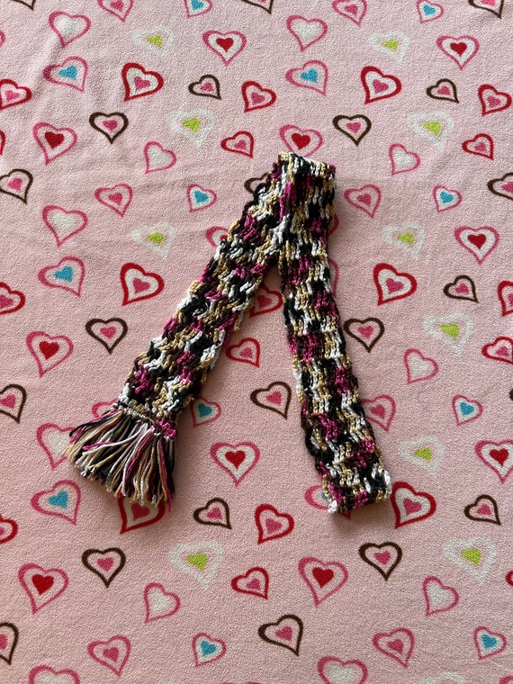 Y2K Pink Neutral Knit Ruffle Skinny Scarf - Gem