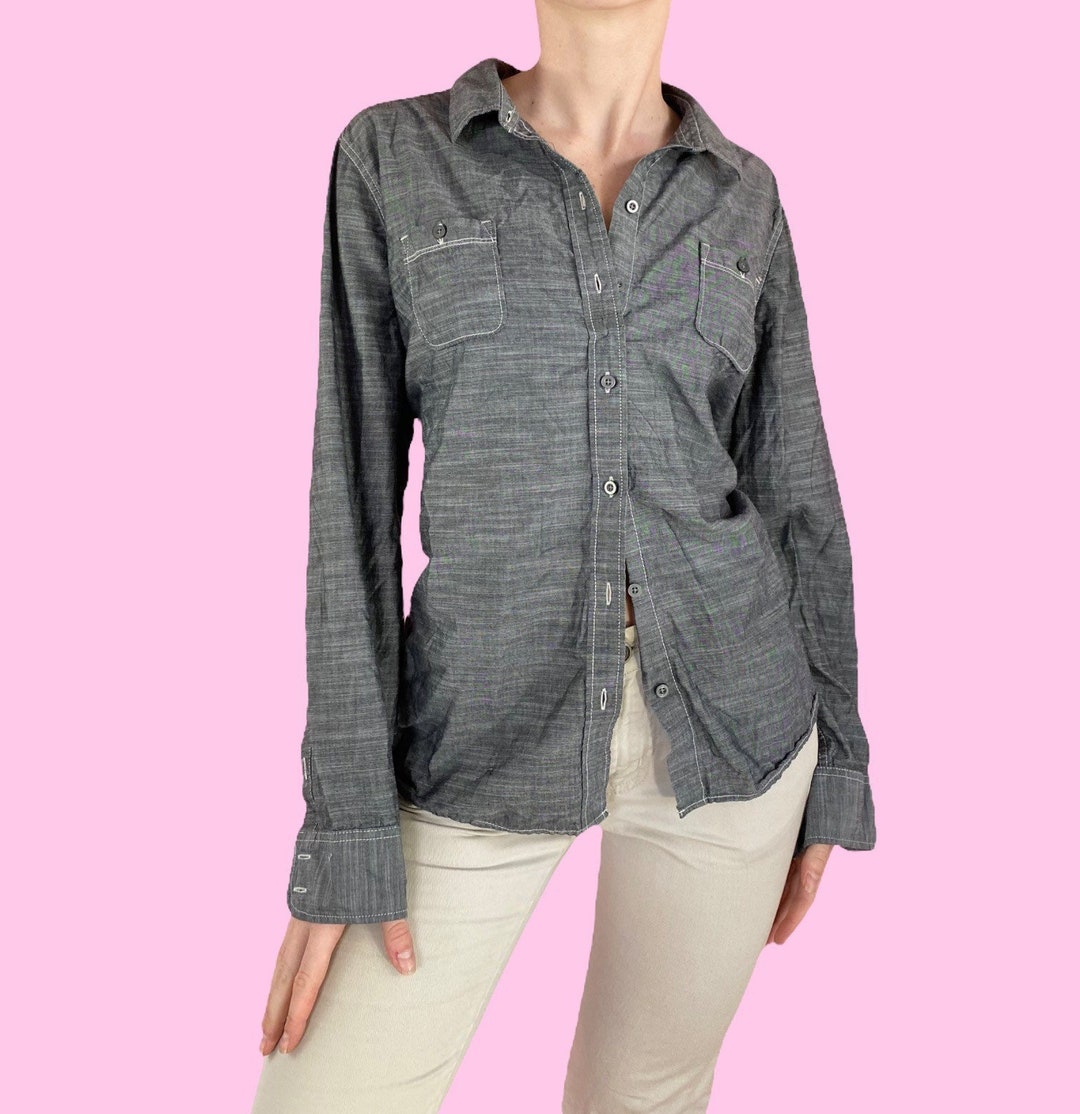 Y2K Grey Long Sleeve Collared Cybercore Grunge Shirt Blouse Size XL - Etsy