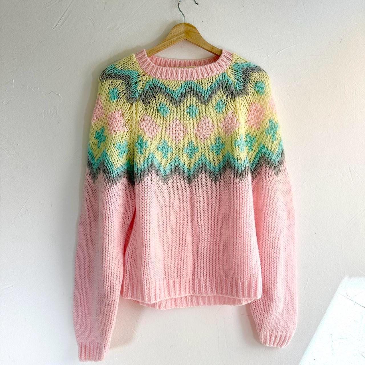Vintage 80s Pink Multicolor Pastel Geometric Striped Sweater Size ...