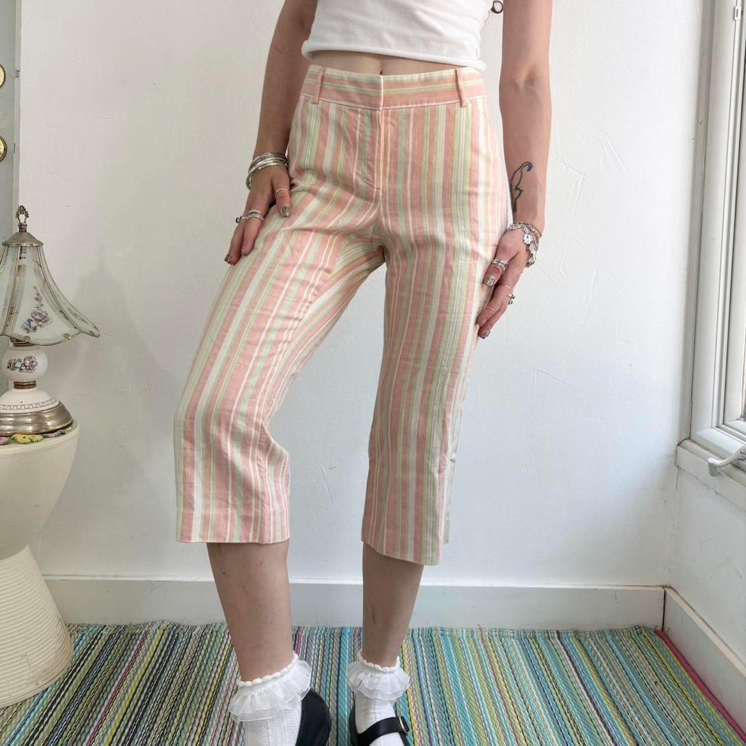 Y2K Pastel Pink & Green Striped Cotton/linen Capris by Elie Tahari Size ...