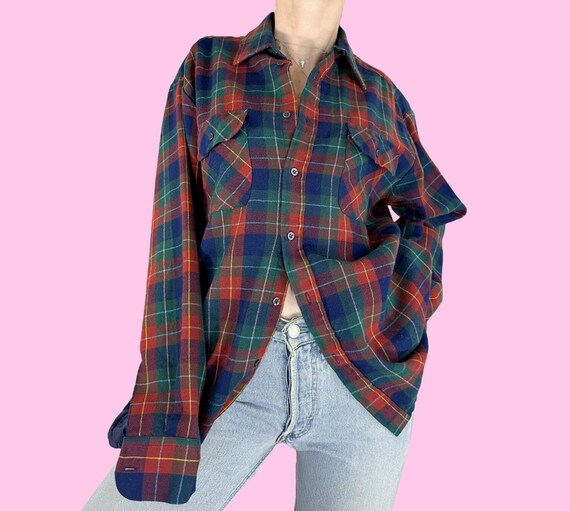 Vintage 80s Multicolor Plaid Button Up Shirt size Lar… - Gem