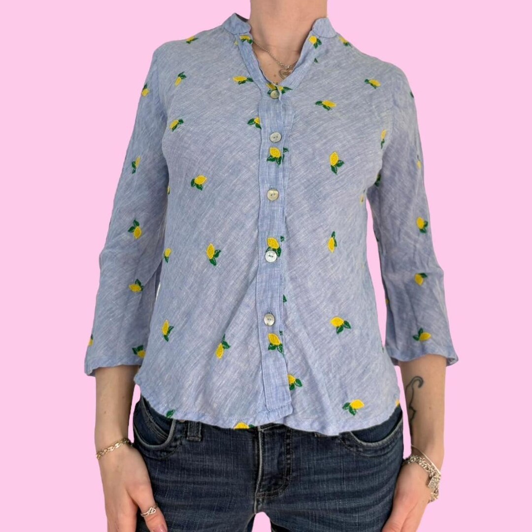 Italian Made Lemon Embroidered Linen Button up Blouse Shirt by Idillio ...