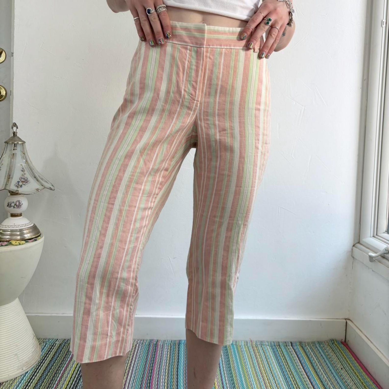Y2K Pastel Pink & Green Striped Cotton/linen Capris by Elie Tahari Size ...