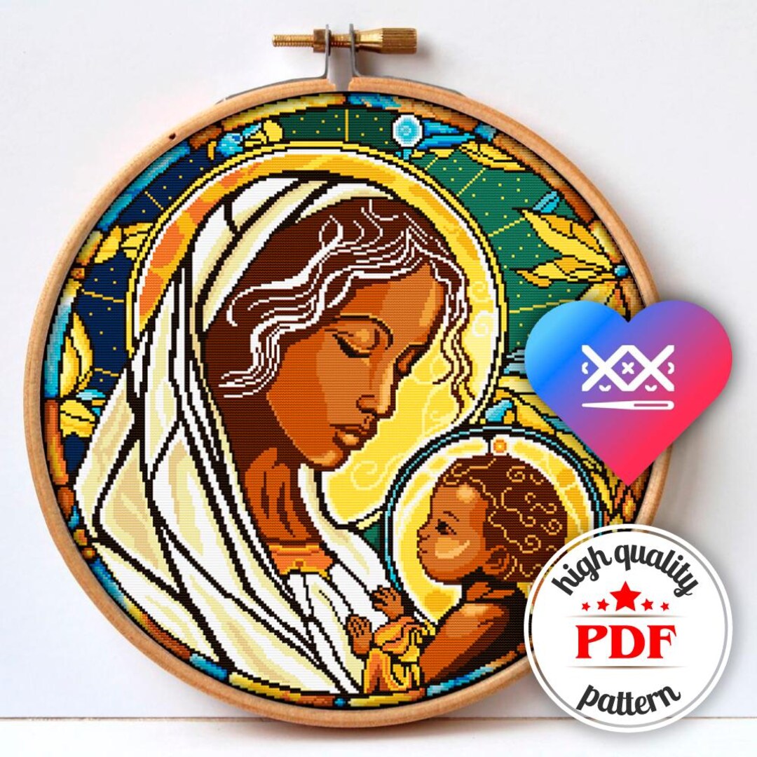 The Virgin Mary Embroidery Design, Mother Mary With Baby Jesus Cross ...