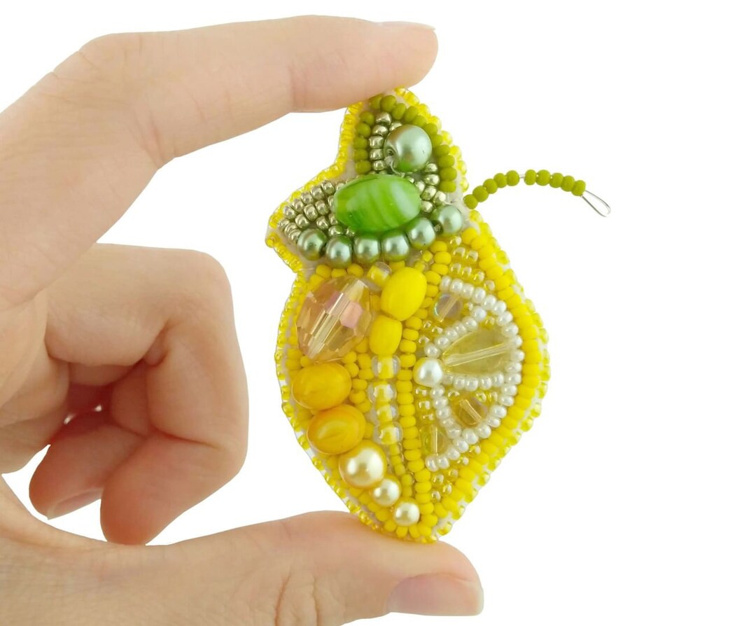 Lemon Brooch DIY Kit, Bead Embroidery Fruit, Green & Yellow Fruit Pin ...