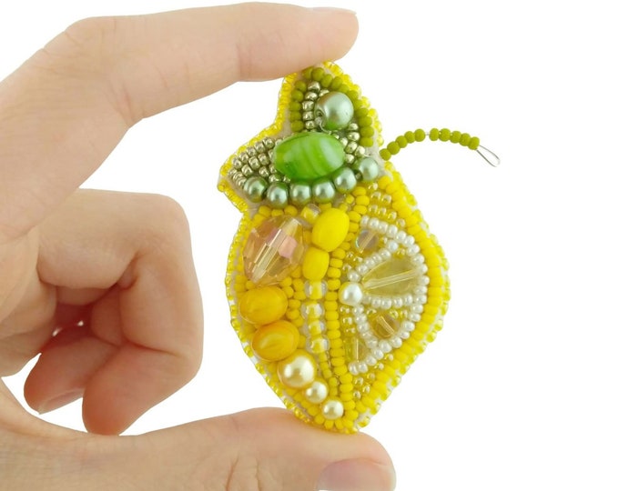 Lemon Brooch DIY Kit, Bead Embroidery Fruit, Green & Yellow Fruit Pin ...