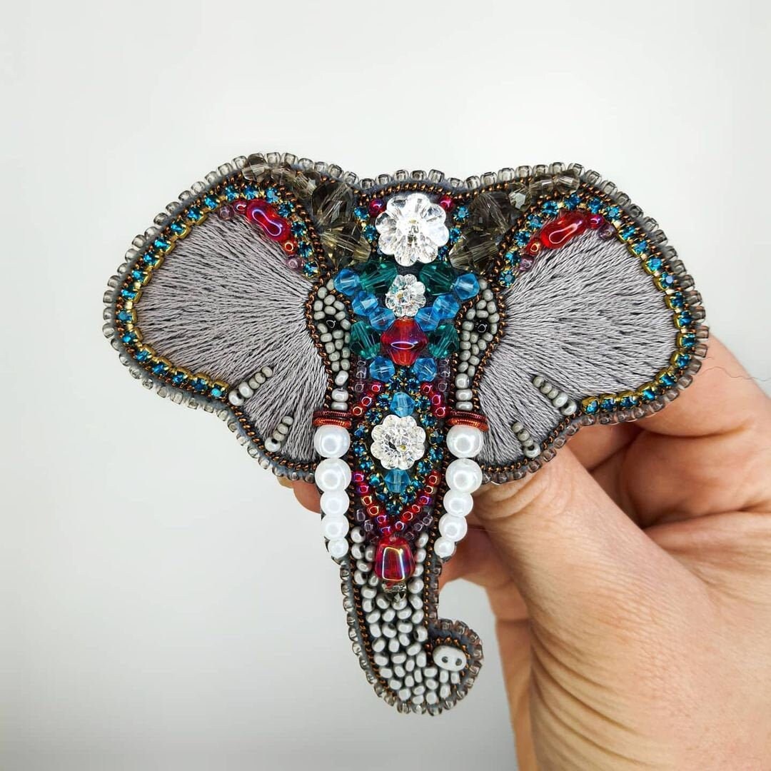 Elephant Brooch Making Kit, Bead Embroidery Kit, DIY Embroidered Animal ...