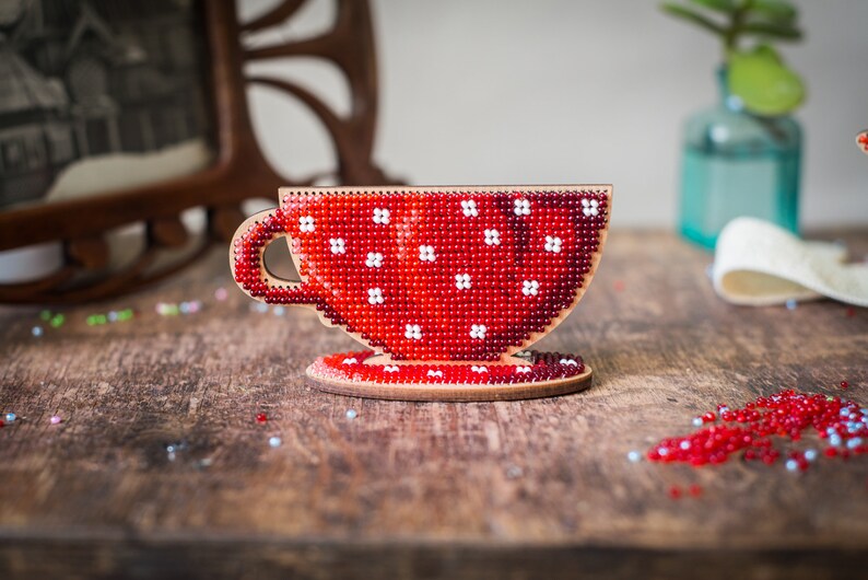 DIY bead embroidery kit tea pot cup wood set Christmas | Etsy