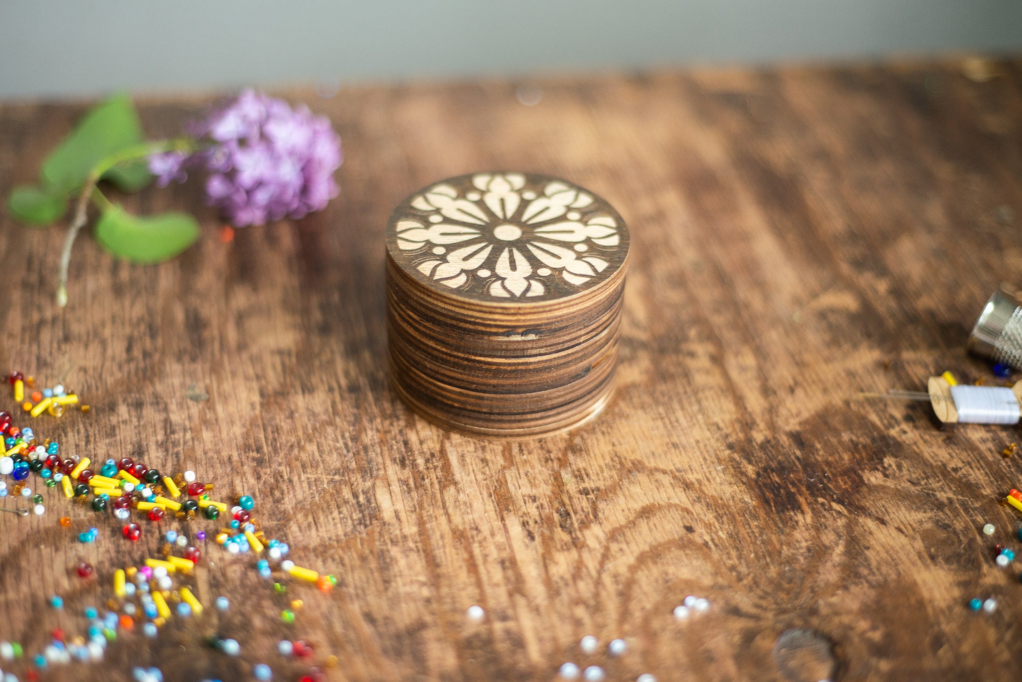 Small sewing box wood needlework organizer with mandala lid | Etsy