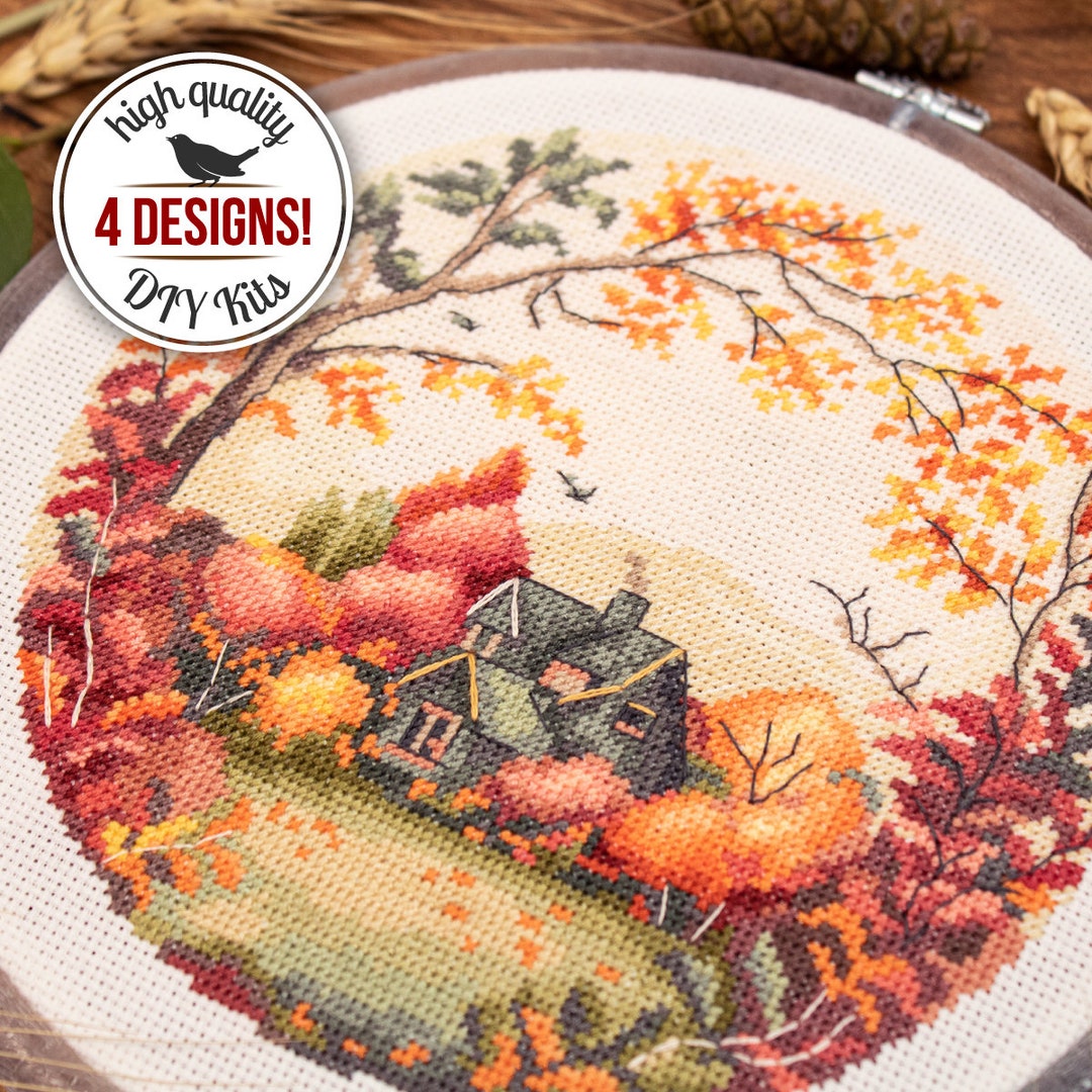Autumn Cross Stitch Kit, Embroidery Set With Hoops, Embroidered Wall ...
