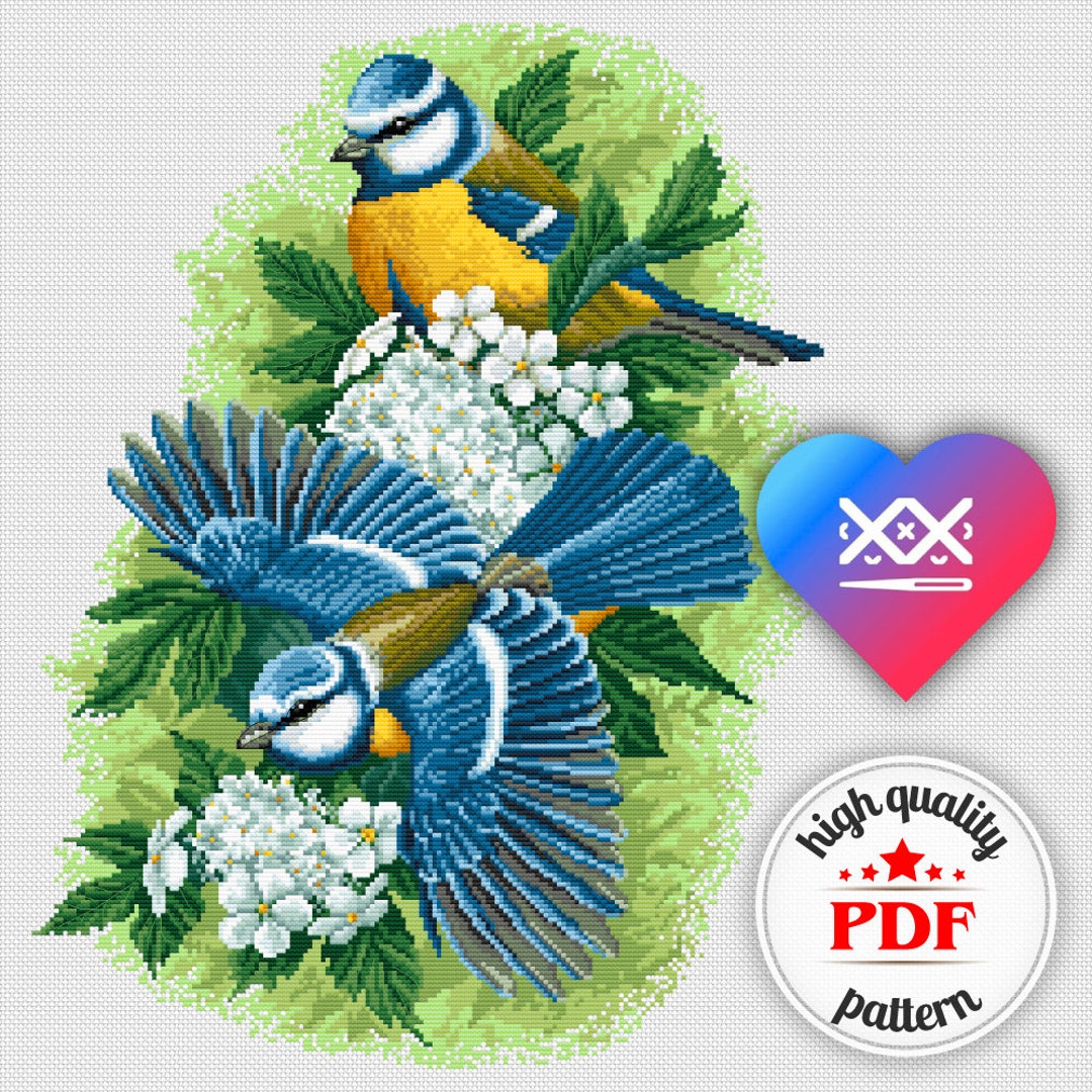 PDF Spring Birds Embroidery Design, Blue Birds Cross Stitch Pattern ...