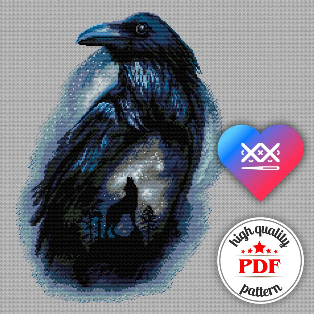 PDF Halloween Raven Cross Stitch Pattern, Howling Wolf Embroidery Chart ...