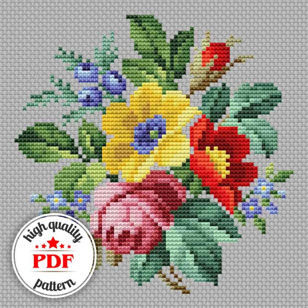 PDF Vintage Flowers Embroidery Pattern, Floral Cross Stitch Design ...