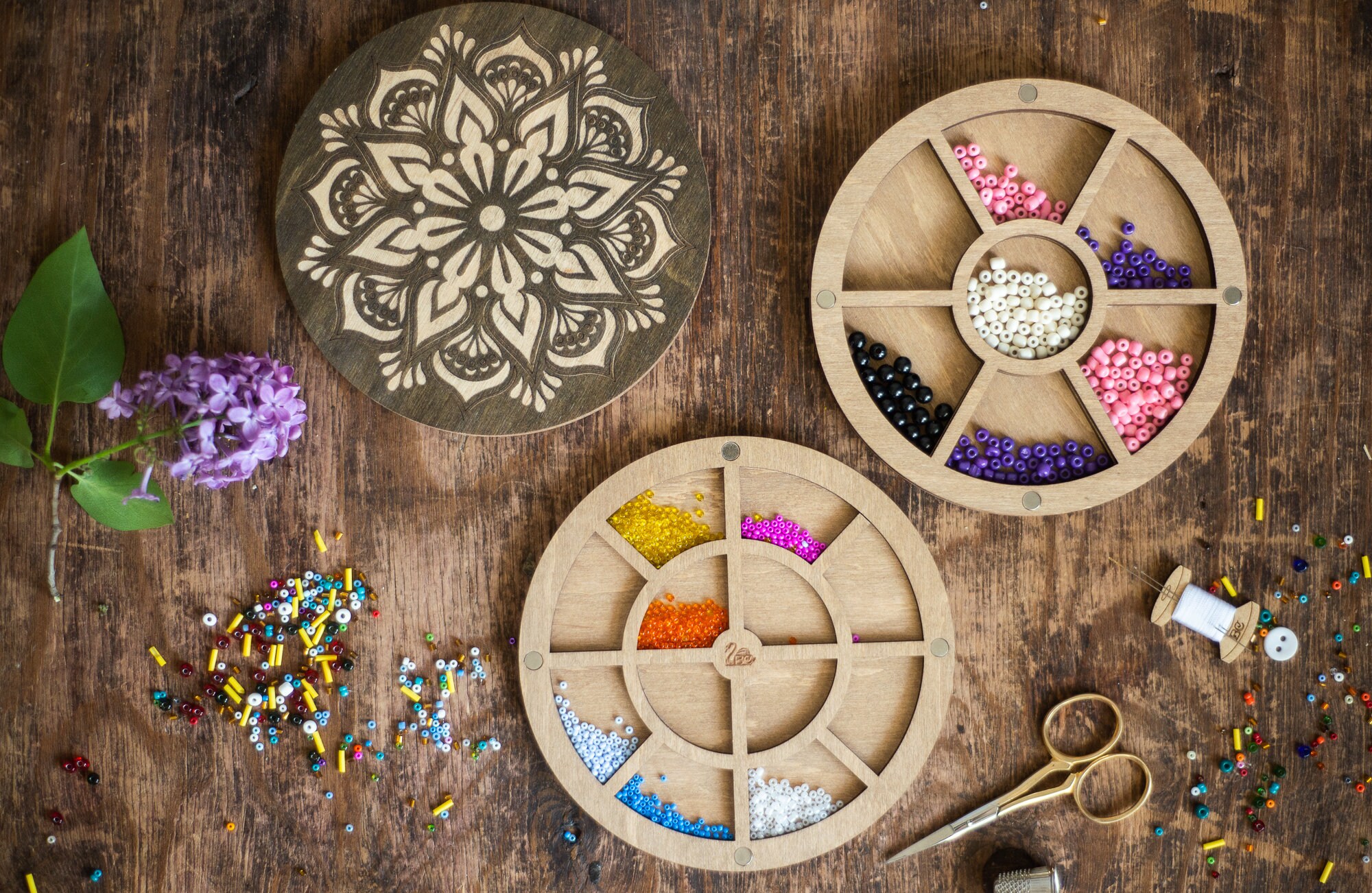 Seed Bead Organizer, Beadwork Round Container With Mandala Lid, Jewelry ...