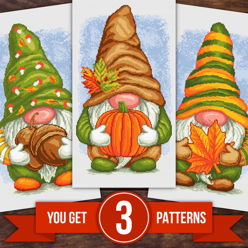 Fall Gnomes Cross Stitch Patterns, Gnomes Embroidery Design, PDF ...