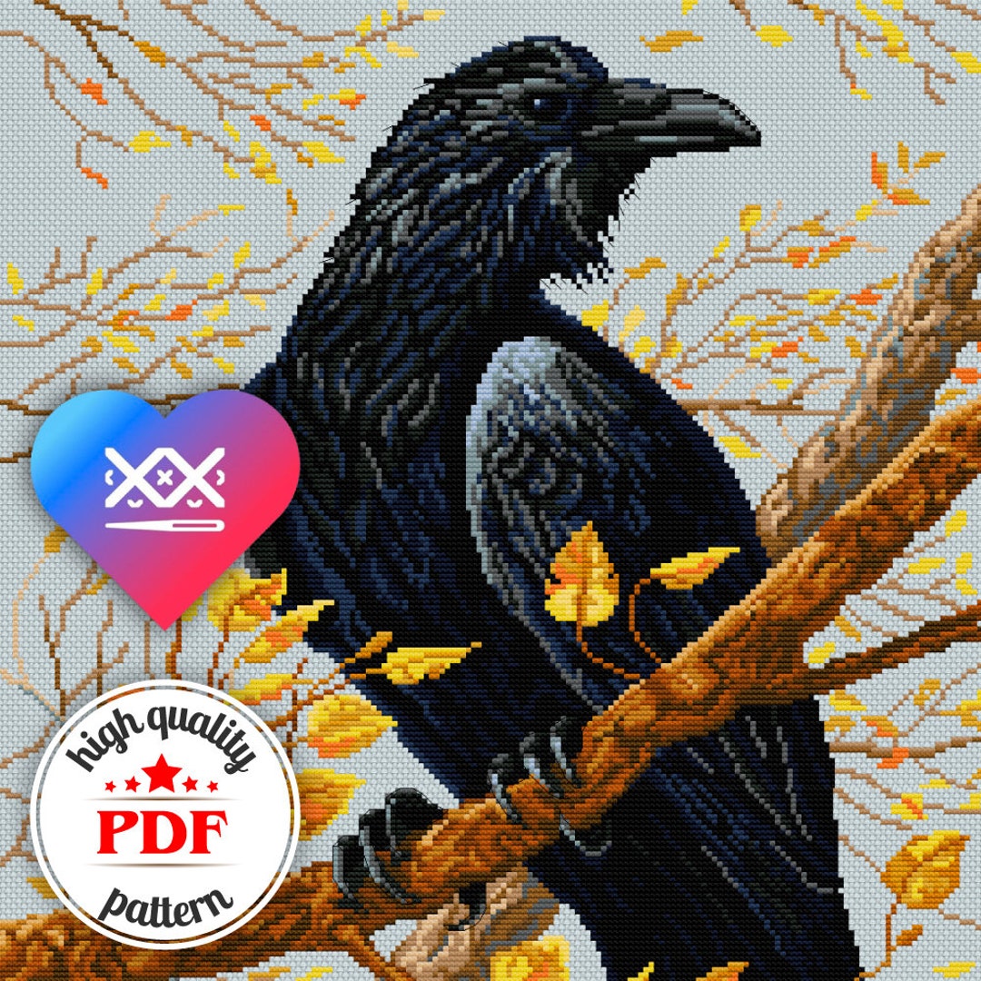 PDF Raven Cross Stitch Pattern, Autumn Bird Embroidery Chart, Nature ...