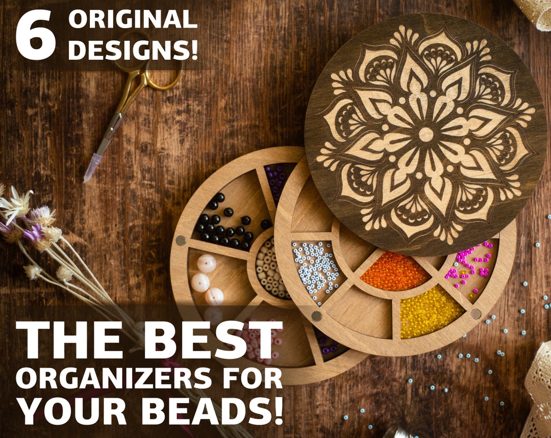 Round Bead Container, Wood Beadwork Sorting Tray, Beads Organizer With ...