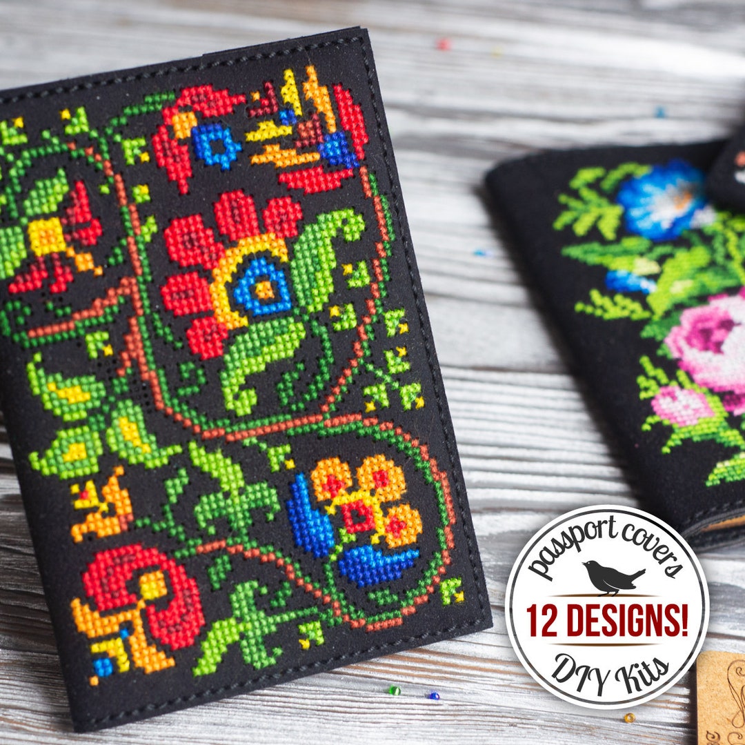 DIY Passport Cover Cross Stitch Kit, Faux Leather Documents Cover ...