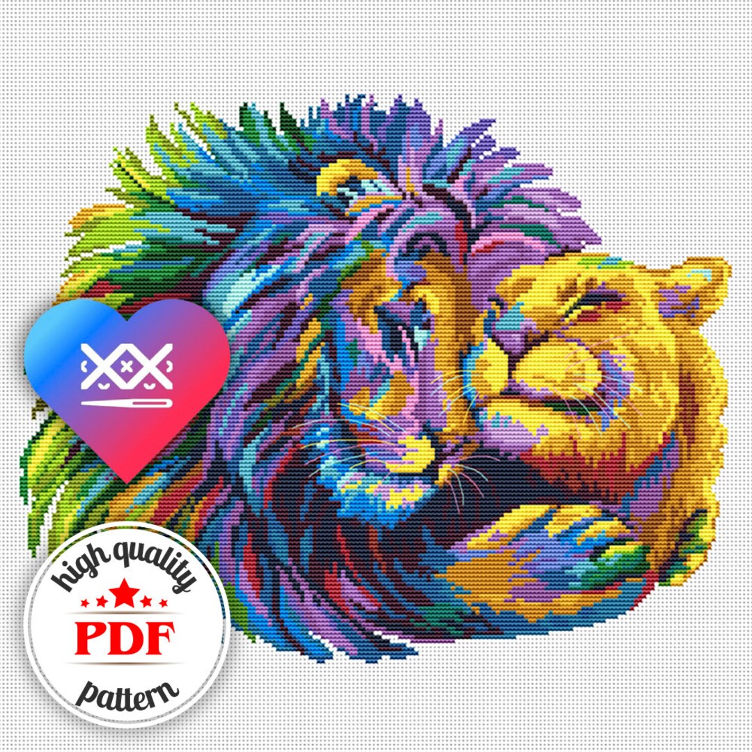 PDF Lions in Love Cross Stitch Pattern, Lion Embroidery Chart, Colorful ...