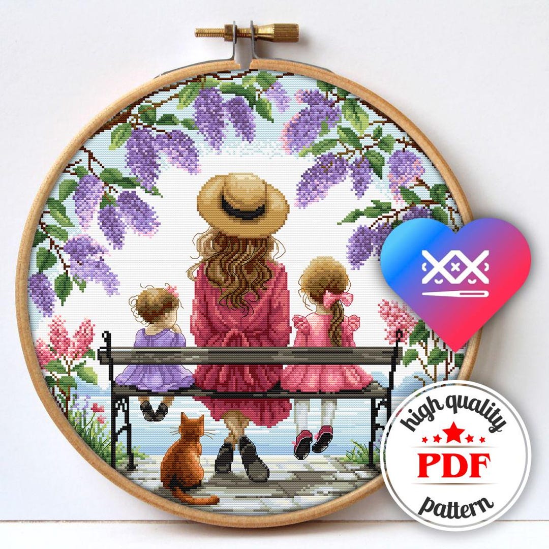 Mother With Daughters Embroidery Design, Mother's Day Cross Stitch ...