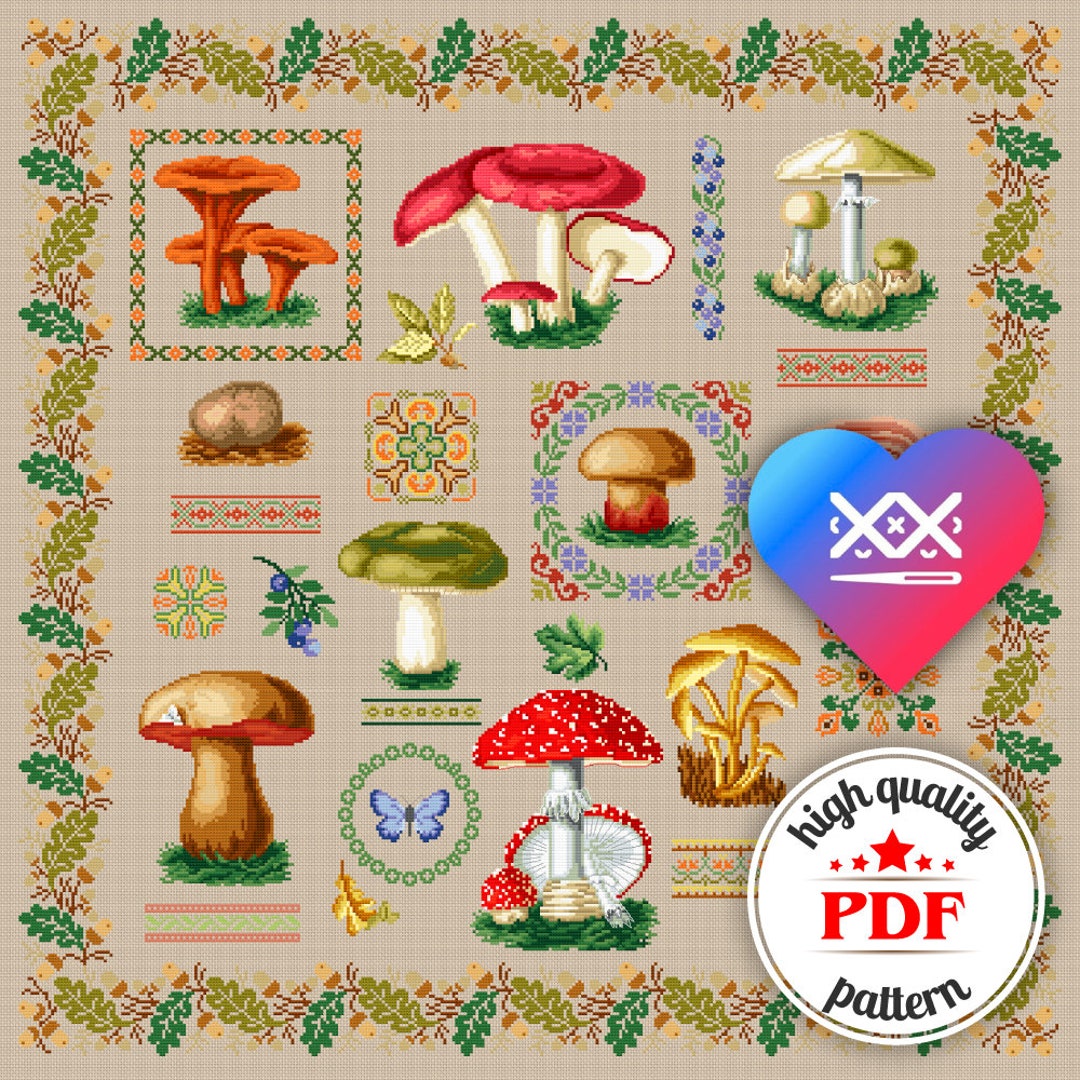 PDF Mushrooms Cross Stitch Pattern, Sampler Embroidery Chart, Mushrooms Embroidery Design ...