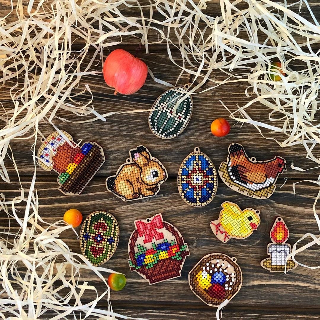 Easter Hanging Ornaments DIY Kit, Plywood Canvas for Cross Stitch ...