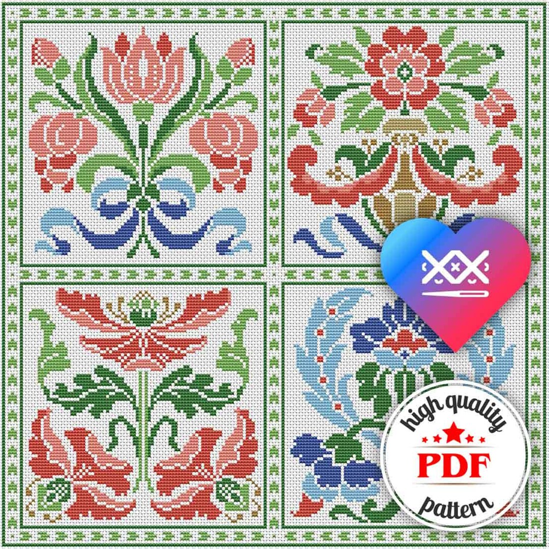 Vintage Floral Embroidery Design, Art Nouveau Cross Stitch Pattern ...