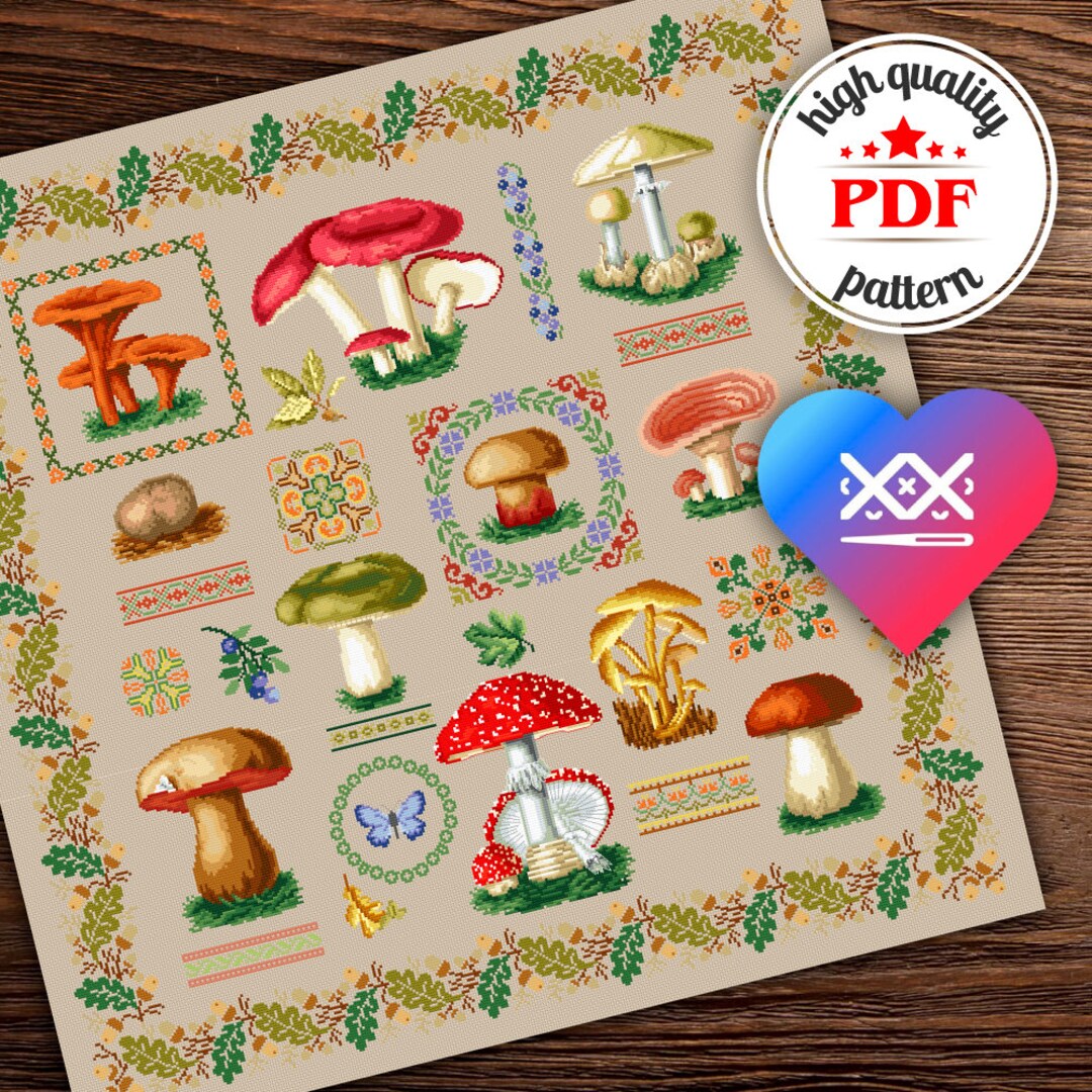 Square Sampler Cross Stitch Pattern PDF Mushrooms Cross - Etsy