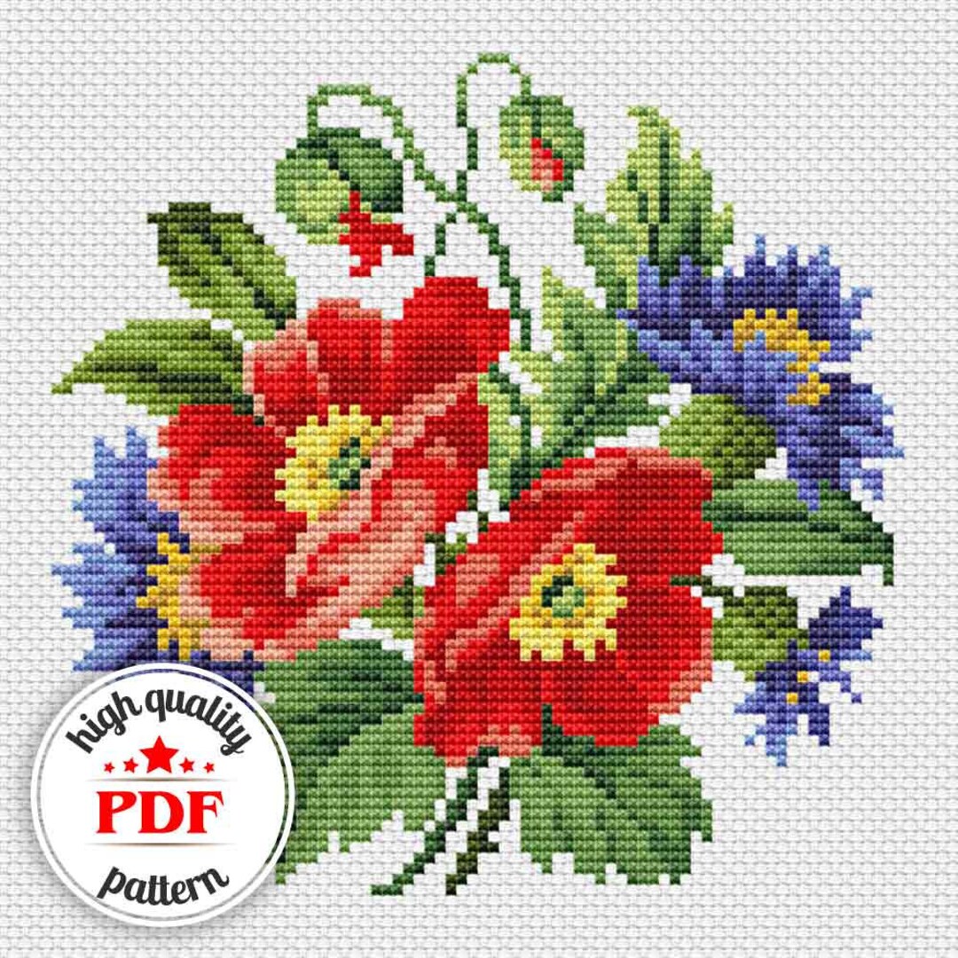 PDF Vintage Poppies Embroidery Pattern, Vintage Flowers Cross Stitch ...