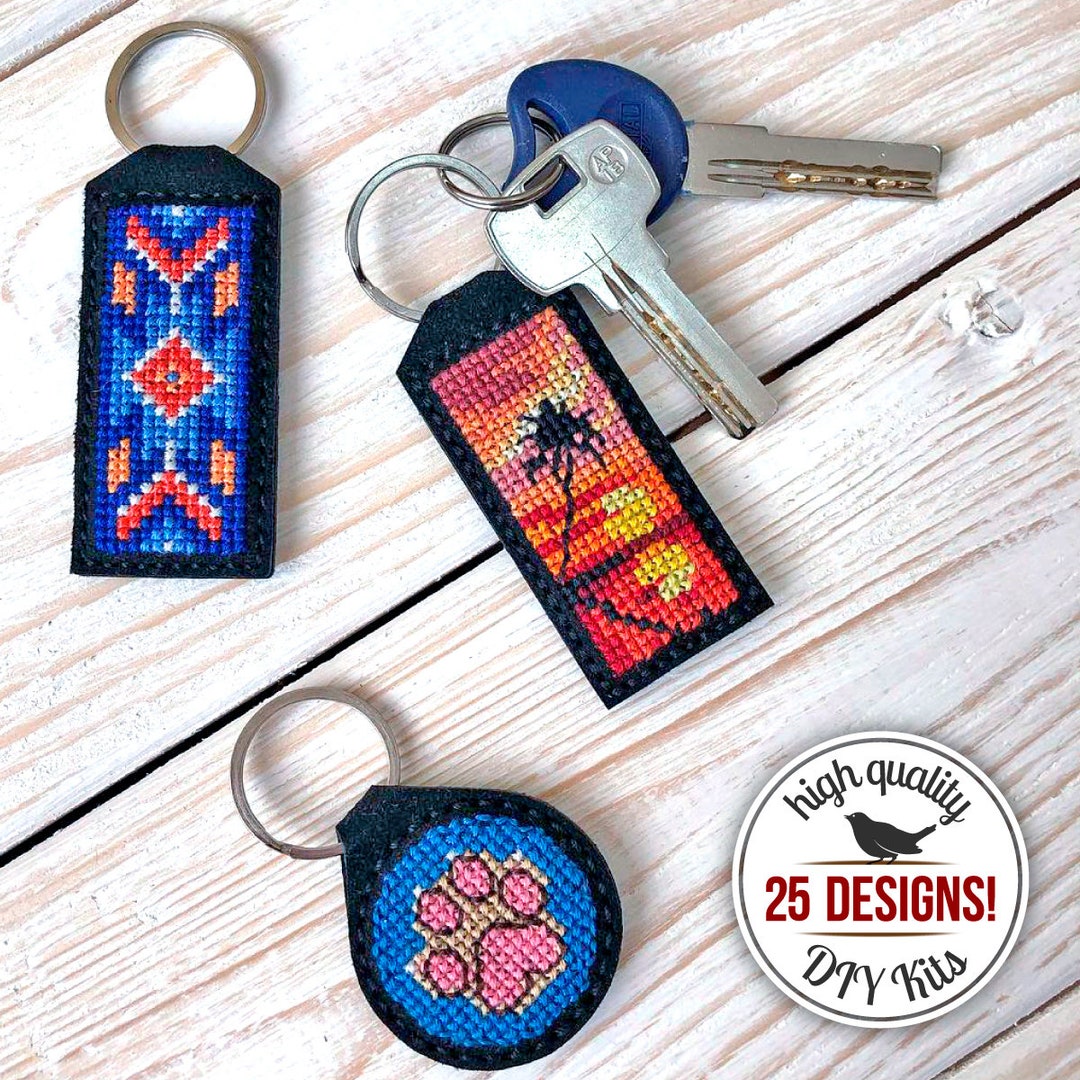 DIY Keychain Cross Stitch Kit, Embroidered Keychain Kit, DIY Leather ...