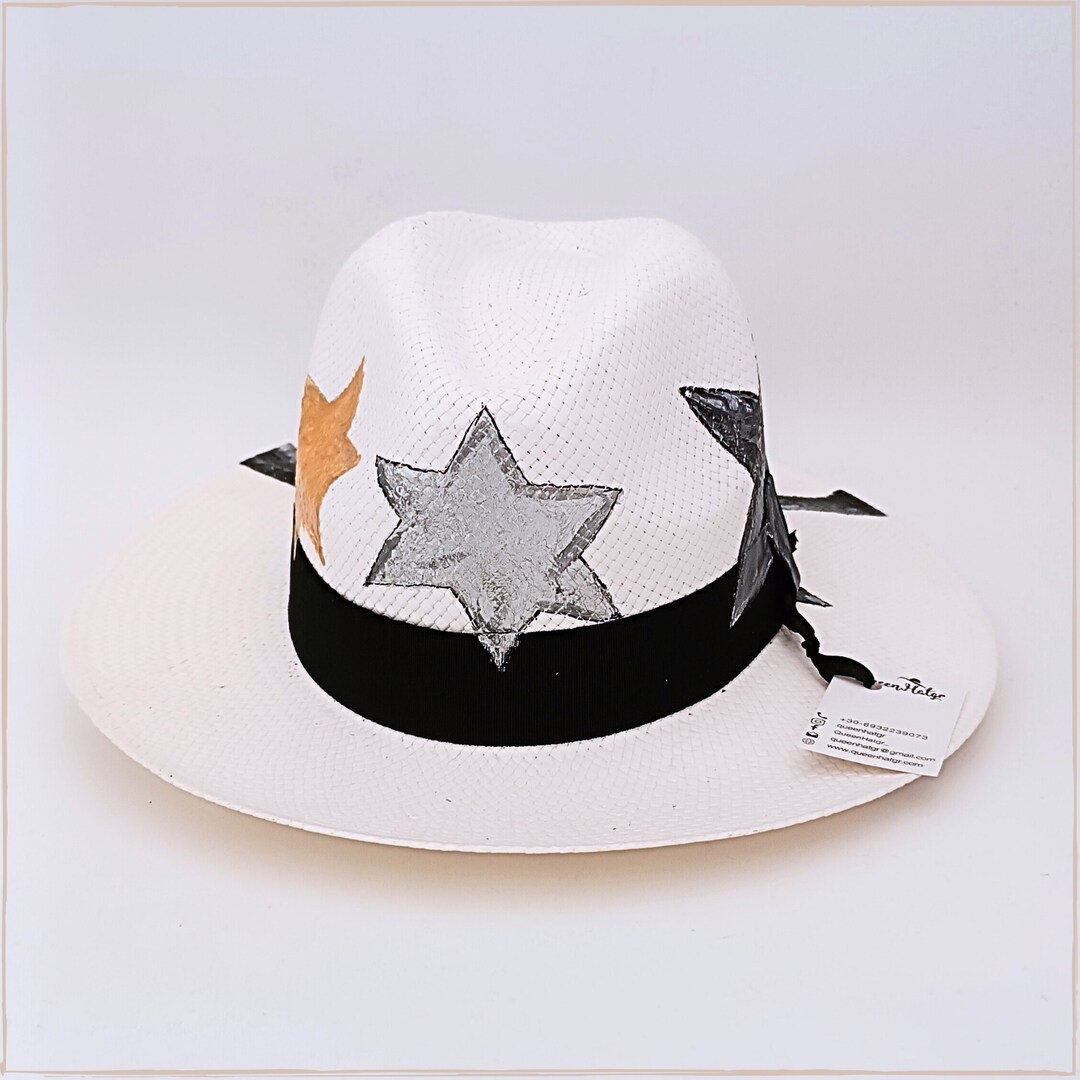 Hand-painted Star Straw Hat: Greek Design Beach Sunhat - Etsy
