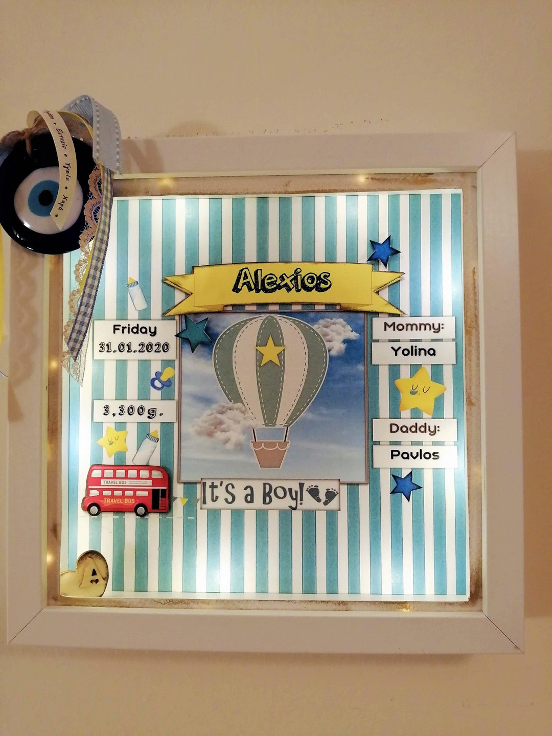 Personalized Baby Boy Shadow Box: London Bus, Air Balloon, LED Light - Etsy