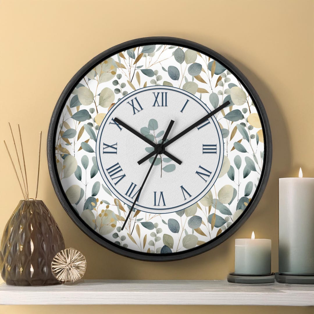 Botanical Eucalyptus Leaves Clock #2 - 10" Wooden Wall Clock - Country ...