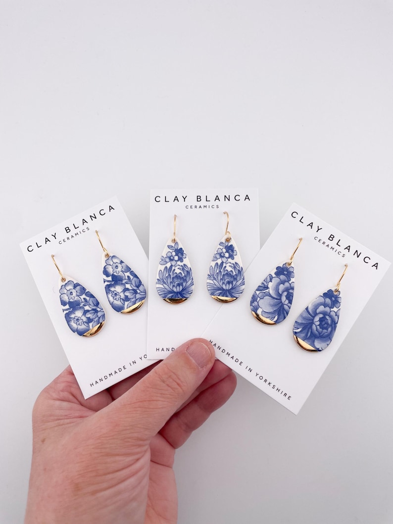 Vintage Blue China - Teardrop Earrings With Gold Tips, Delft Blue ...