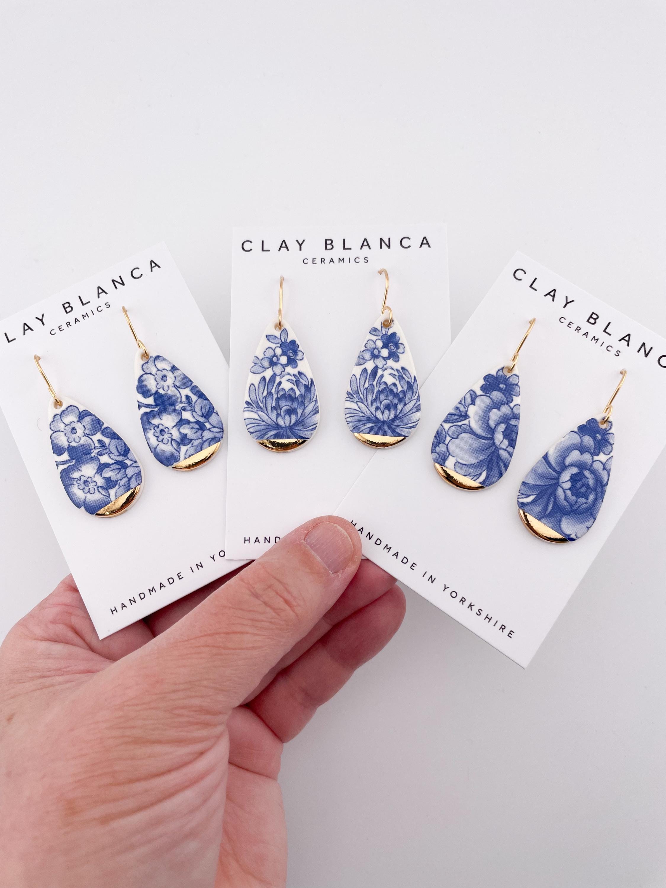Vintage Blue China - Teardrop Earrings With Gold Tips, Delft Blue ...