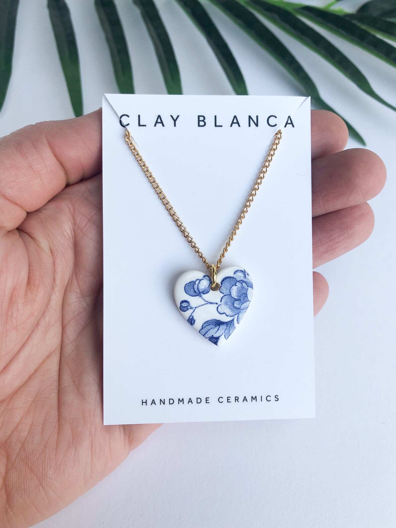 Vintage Blue China Heart Necklace - 18'' Gold Plated Chain, Delft Blue ...