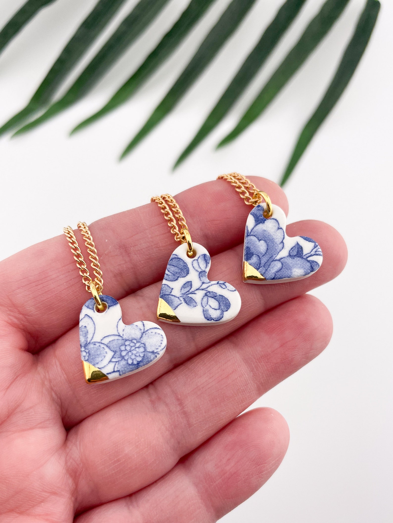 Vintage Blue China Heart Necklace - 18'' Gold Plated Chain, Delft Blue ...