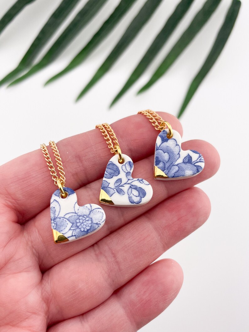 Vintage Blue China Heart Necklace - 18'' Gold Plated Chain, Delft Blue ...