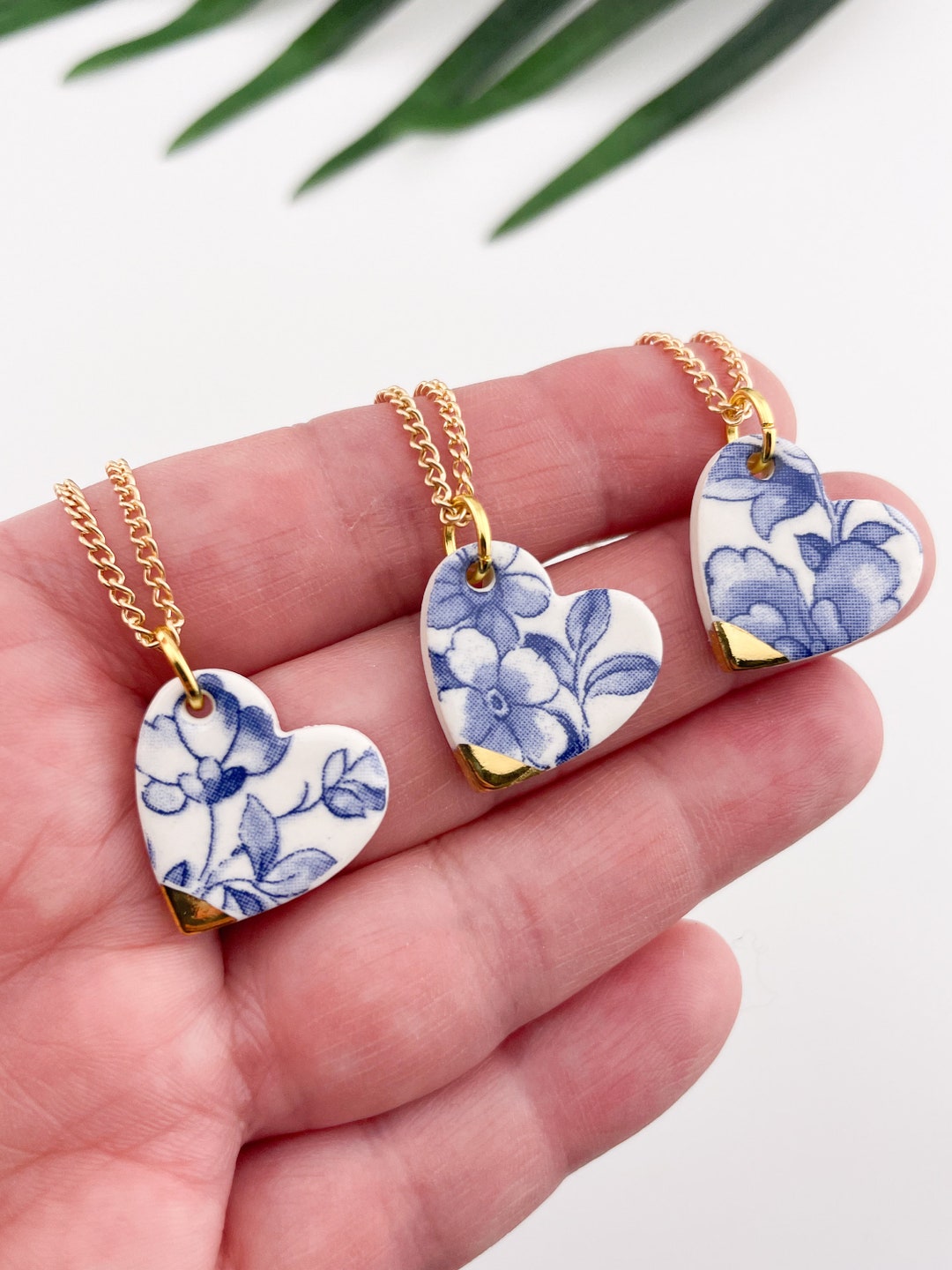 Vintage Blue China Heart Necklace - 18'' Gold Plated Chain, Delft Blue ...