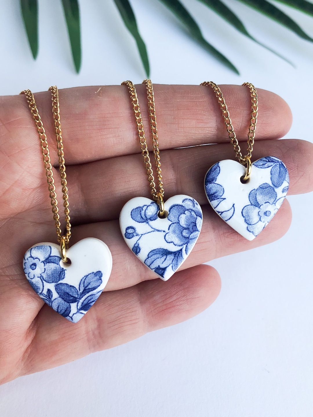 Vintage Blue China Heart Necklace - 18'' Gold Plated Chain, Delft Blue ...