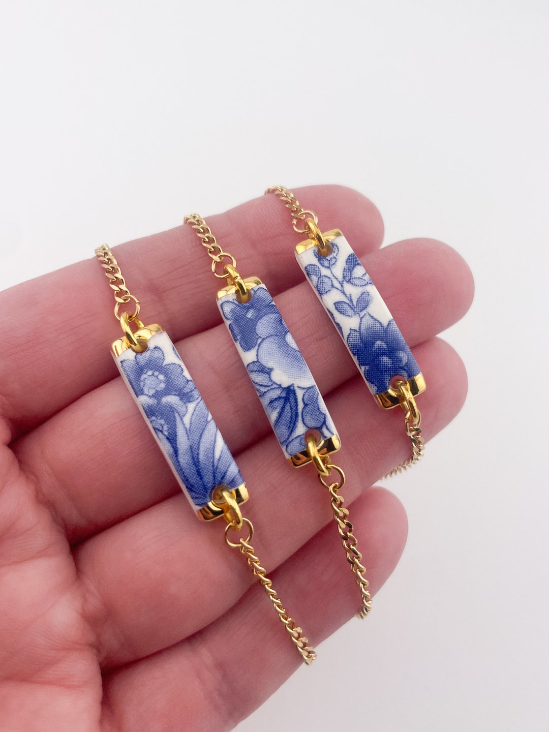 Vintage Blue China - Slim Rectangle Porcelain Blacelet With Gold Tips ...