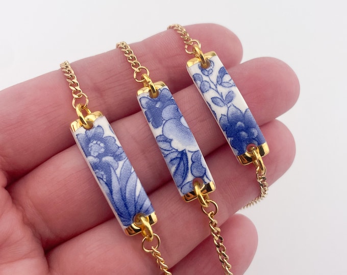 Vintage Blue China - Slim Rectangle Porcelain Blacelet With Gold Tips ...